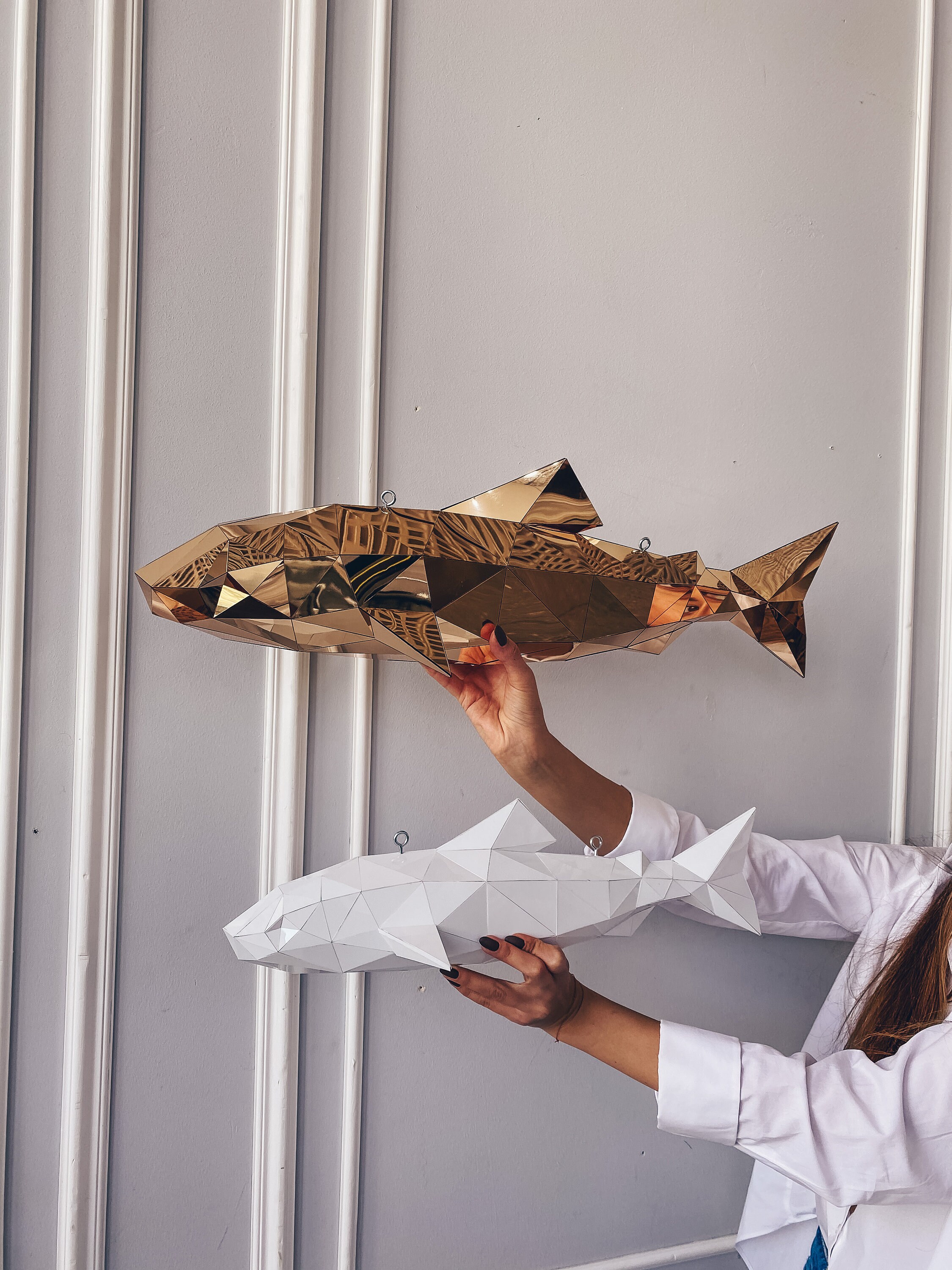 Low Poly Fish, Wall Art, Wall Decoration, Pair of Golden and White Fish ...