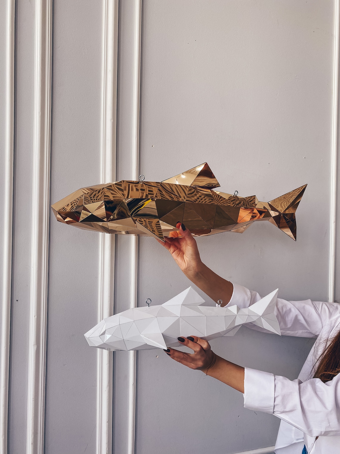 Low Poly Fish, Wall Art, Wall Decoration, Pair of Golden and White Fish ...