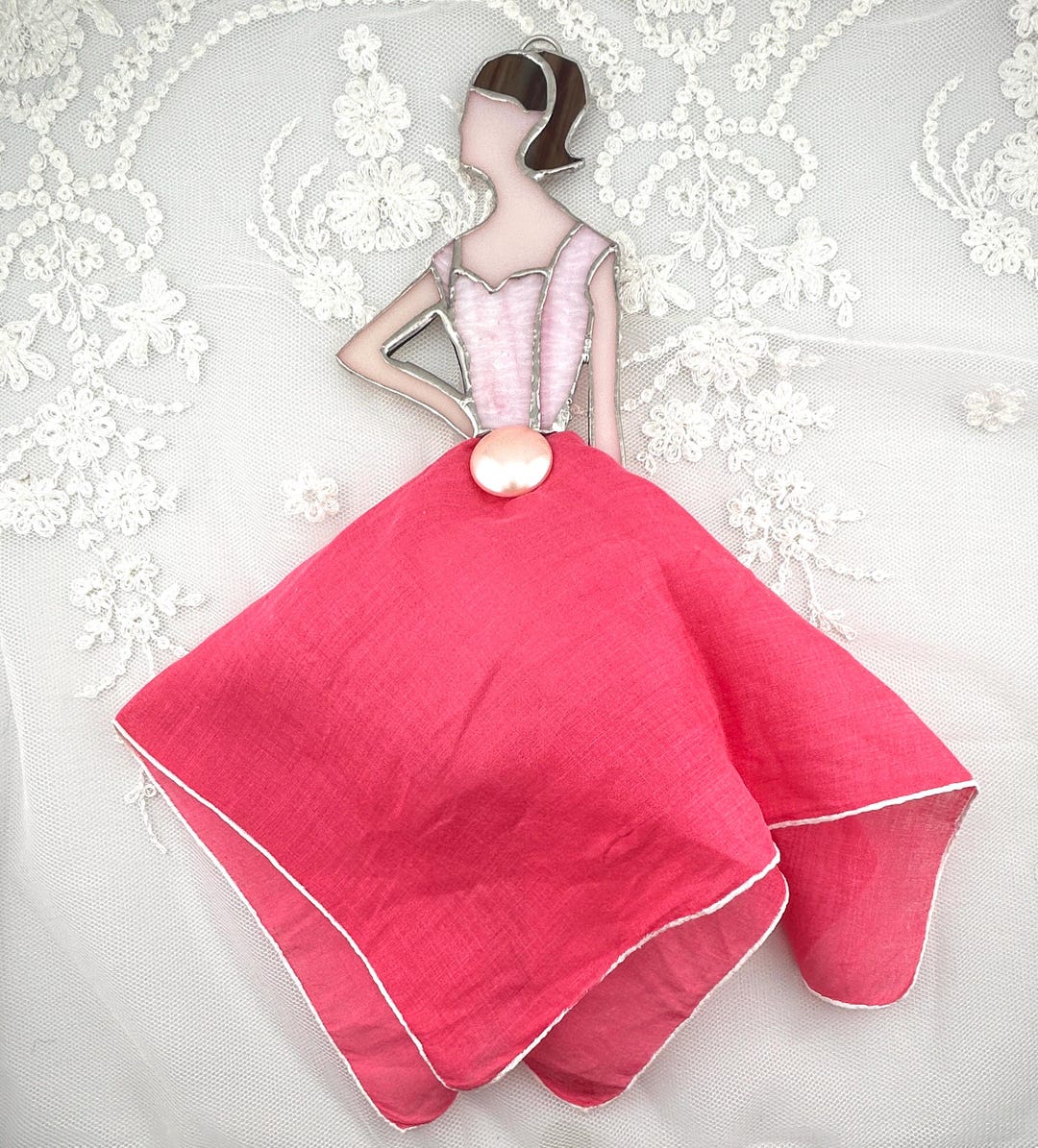 Stained Glass Vintage Handkerchief Sun Catcher in Pink With Antique ...