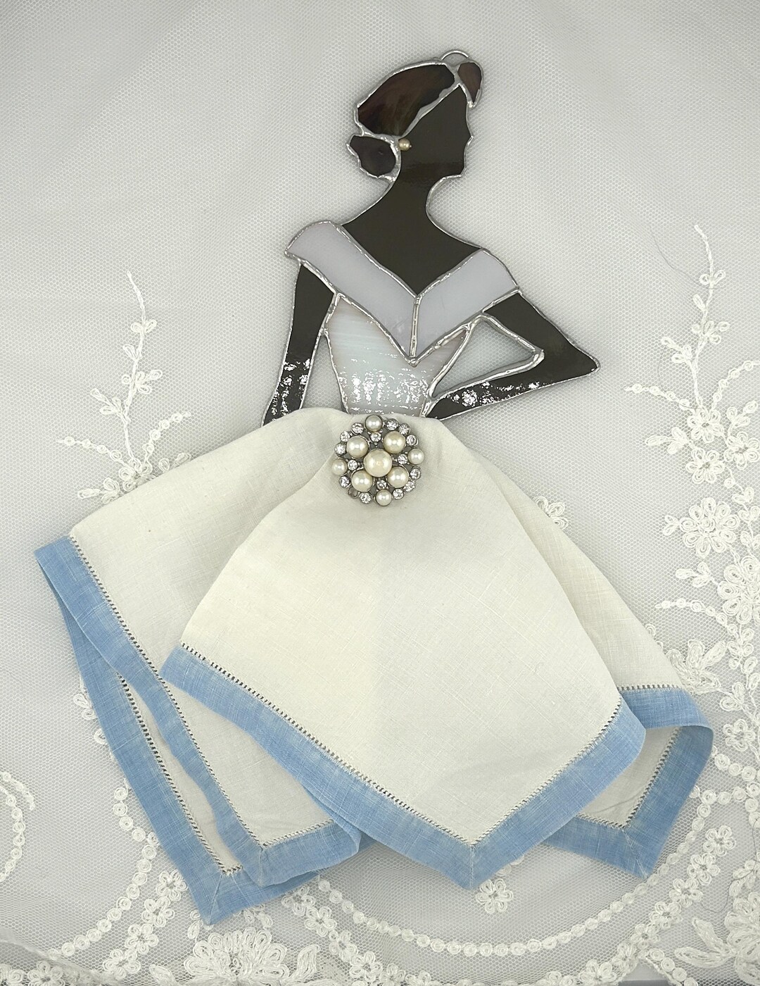 Stained Glass Handkerchief Sun Catcher : Vintage Blue Trim, Rhinestone ...