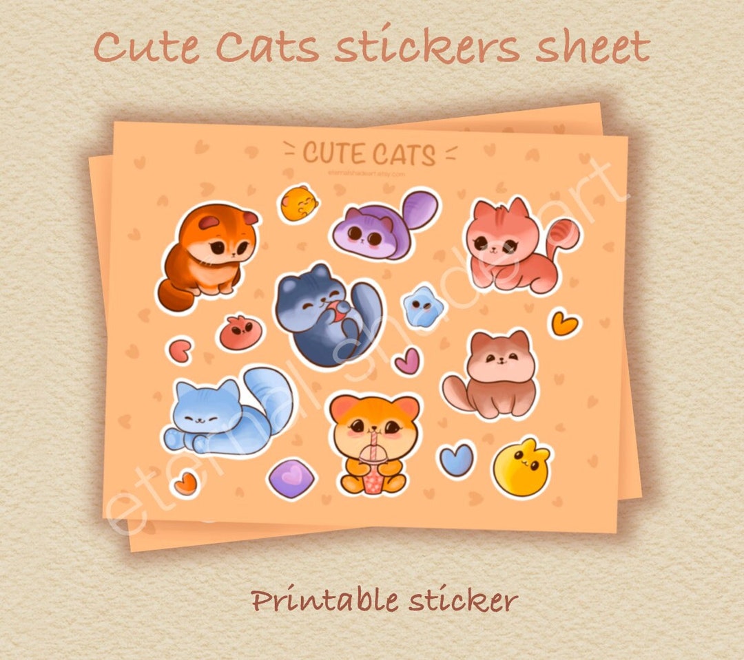 Cute Cat Stickers, Cute Cat Clipart, Kawai Cat Printable Stickers, Cute ...