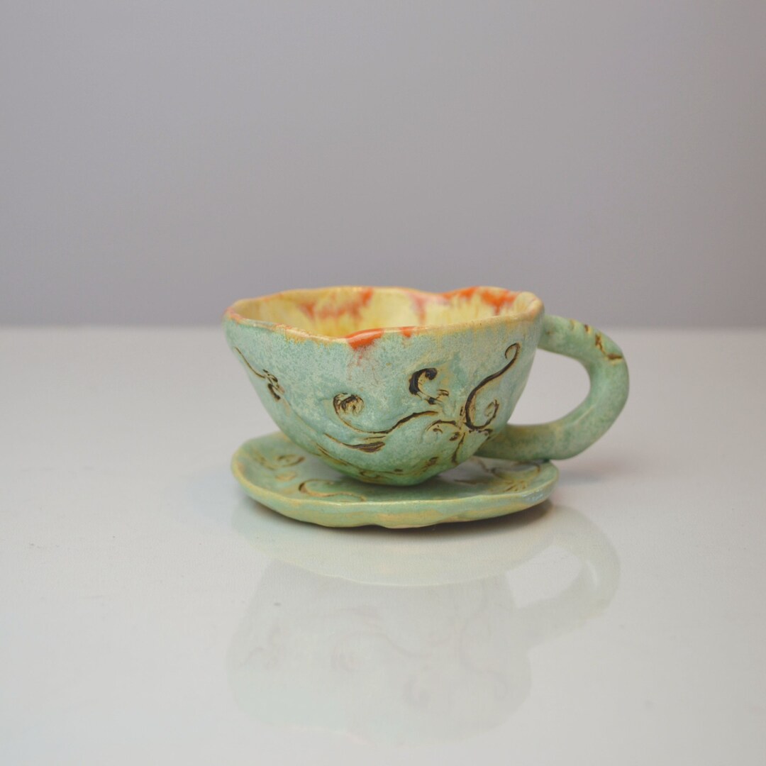 Hand-made Miniature Ceramic Cup. Small Espresso Coffee Mug. Blue Handle ...