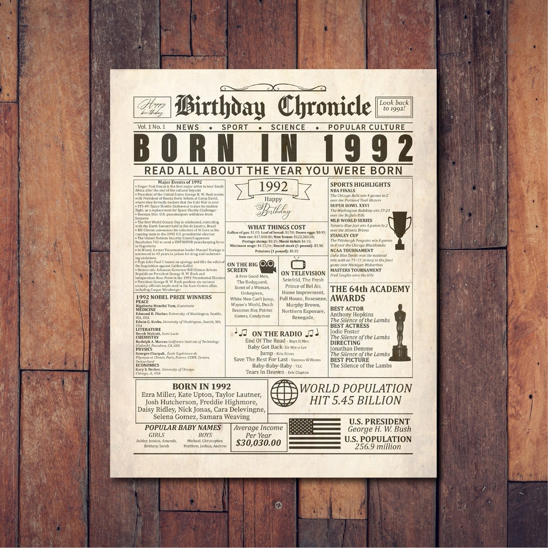Birthday Poster, 1992 Birthday Poster, Birthday Newspaper Sign ...
