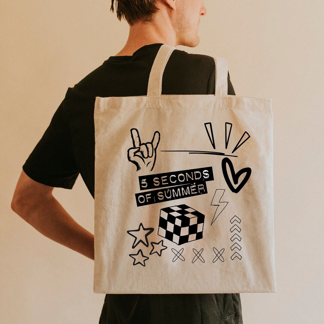5SOS Organic Canvas Tote Bag - Exclusive Doodles and Vintage Logo Print ...