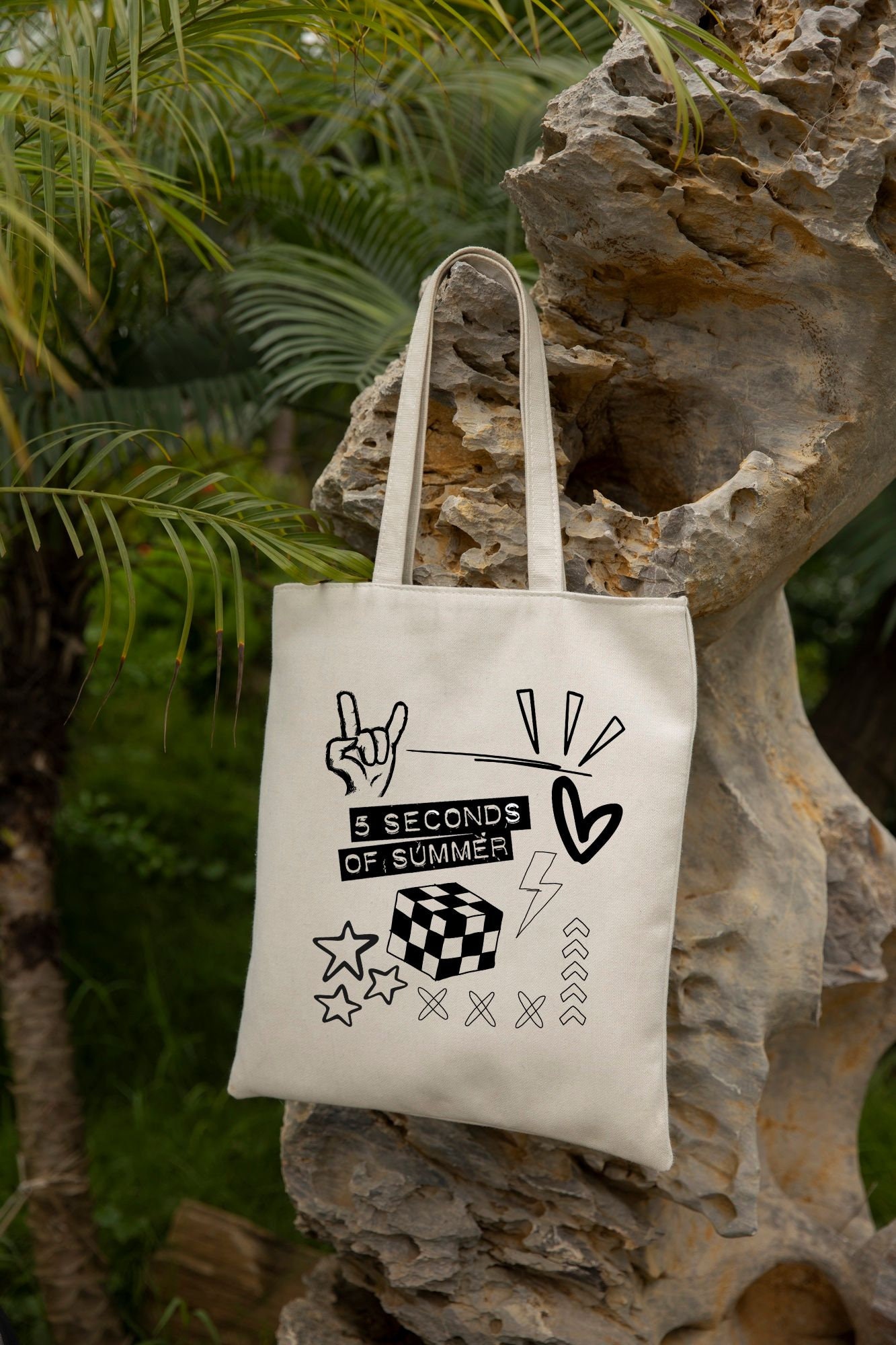 5SOS Organic Canvas Tote Bag - Exclusive Doodles and Vintage Logo Print ...