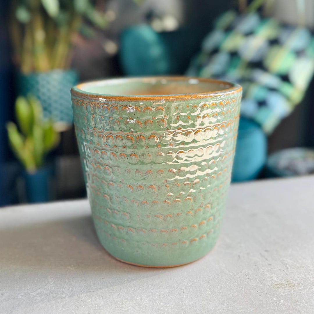GREEN PATTERNED POT | Leafy Jungle Dot Patterned Planter | Rustic ...
