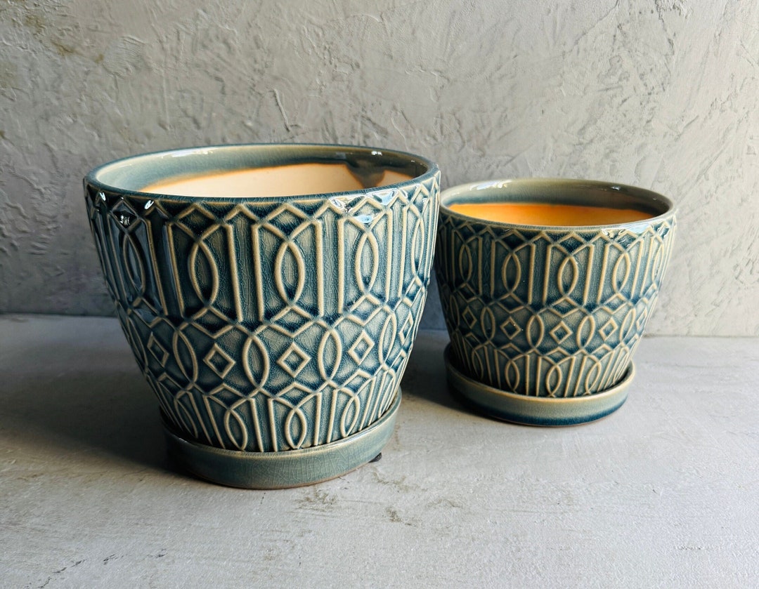 UNIQUE Patterned POT With SAUCER | Gloss Glazed Pot | Patterned Design ...