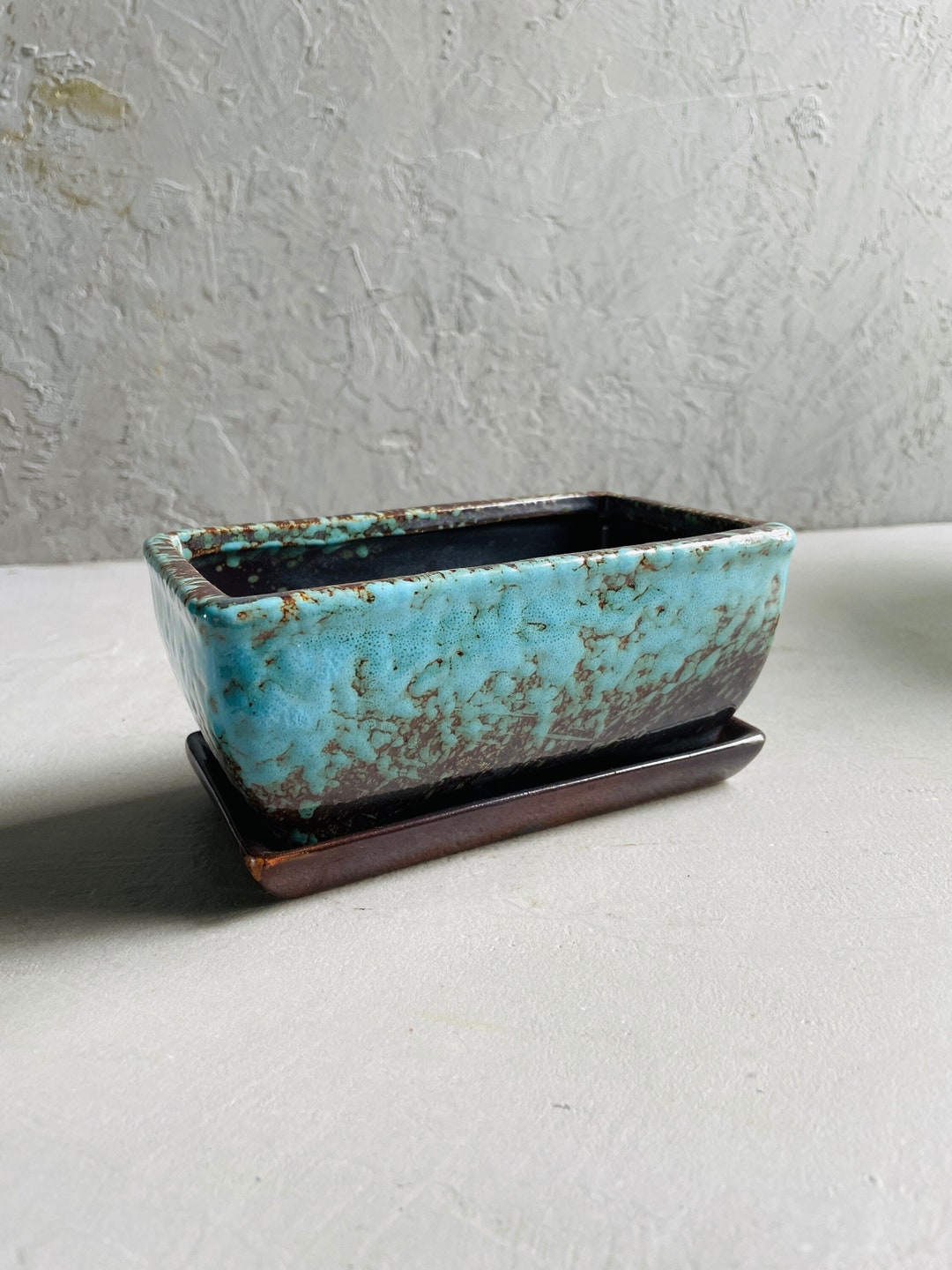RECTANGLE AQUAMARINE POT | Earthy Glazed Pot | Patterned Design | With ...