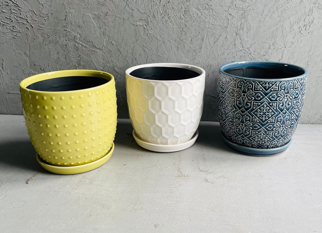 PATTERNED POTS SAUCER Gloss Glazed Pot Patterned Design With Drainage ...