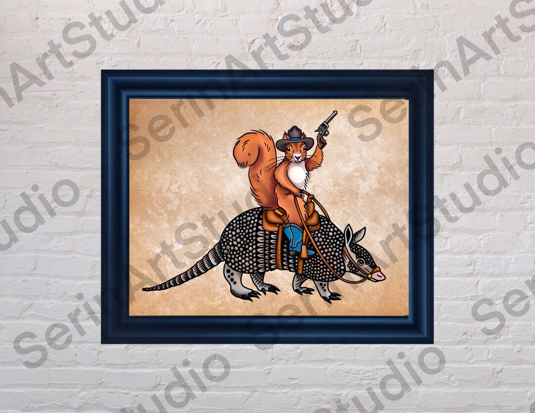 Cowboy Squirrel on an Armadillo | Funny Cowboy Animal Art Print ' - Etsy