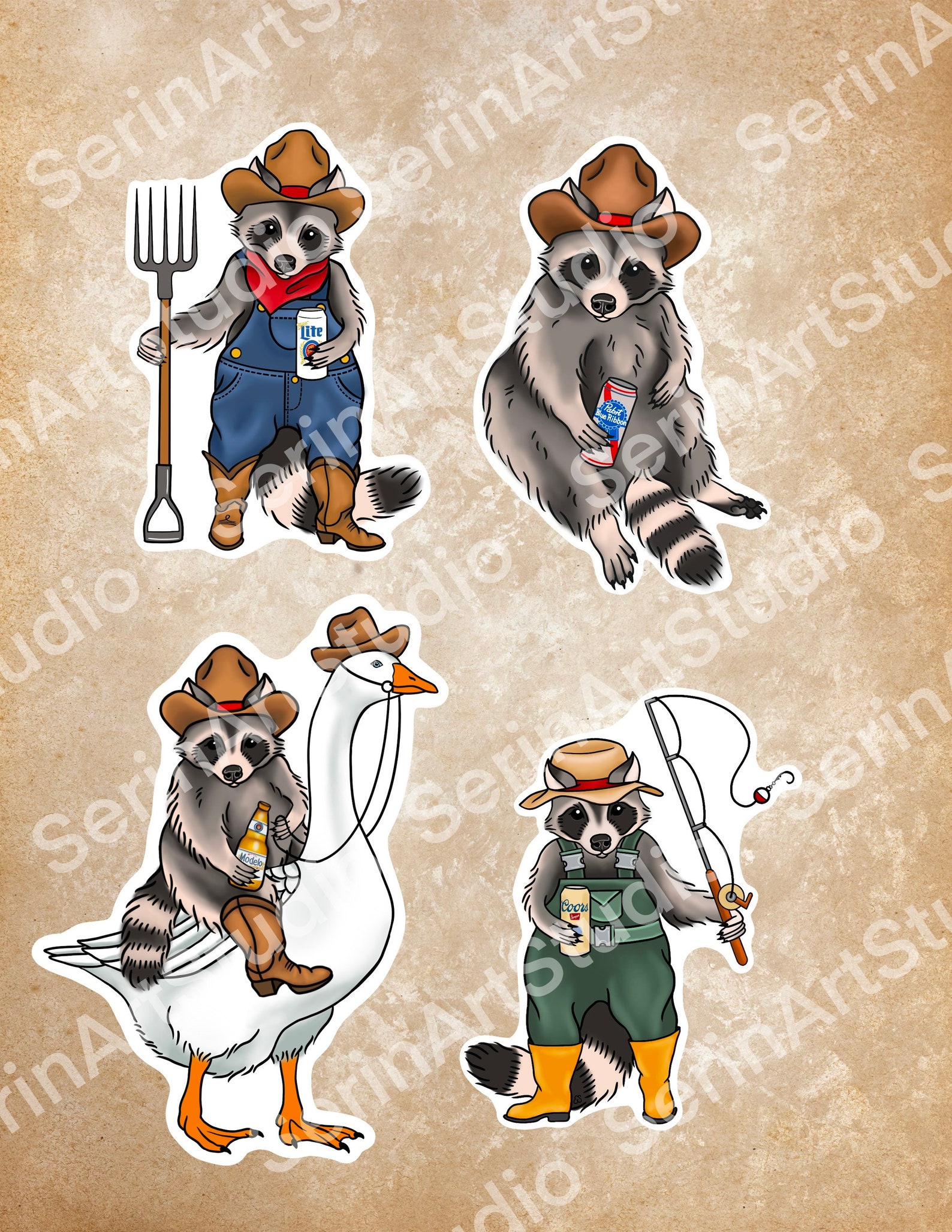 Cowboy Raccoon Sticker Pack Cowboy Raccoons With Beer - Etsy