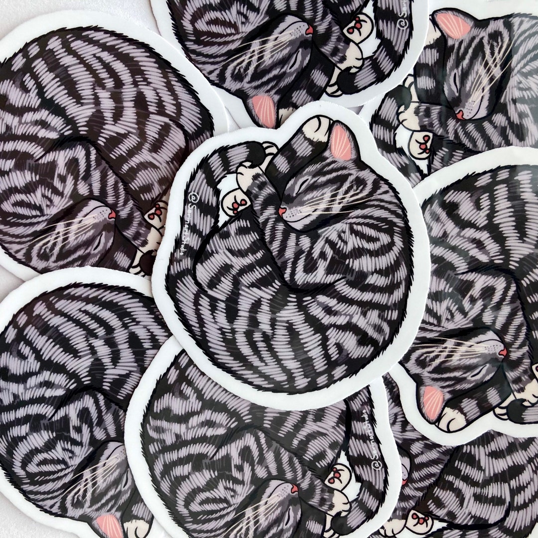 Sleeping Grey Striped Cat Sticker, Vinyl Grey Cat Sticker, Sleeping Cat ...