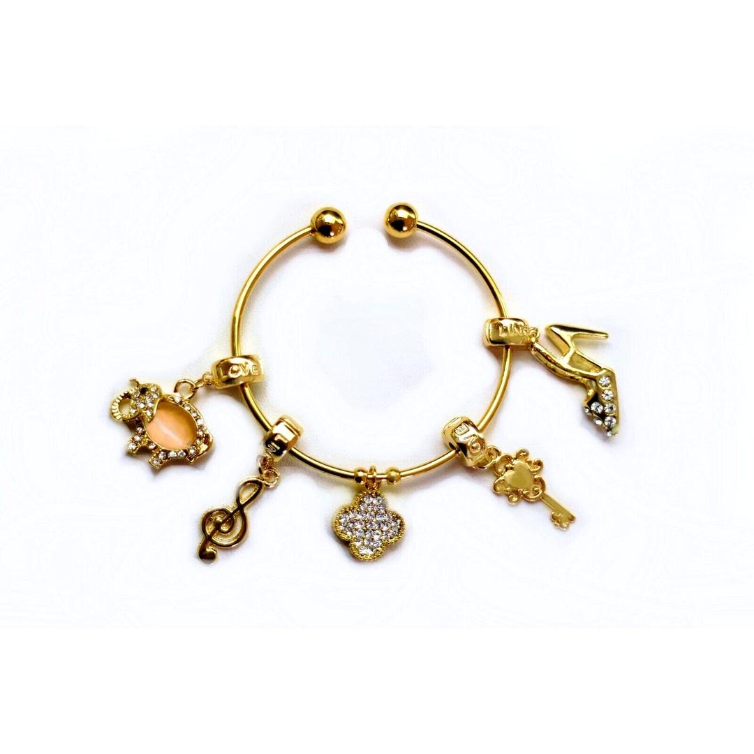 14k Gold Filled Charm Bangle: Four Leaf Clover, Elephant, Key - Etsy