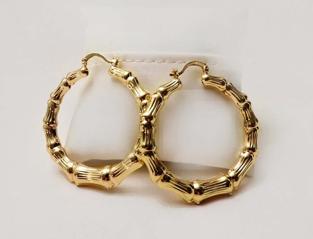 Bamboo Texture Puffed Convex Hoop Earrings 1.75inch Height Artisan ...