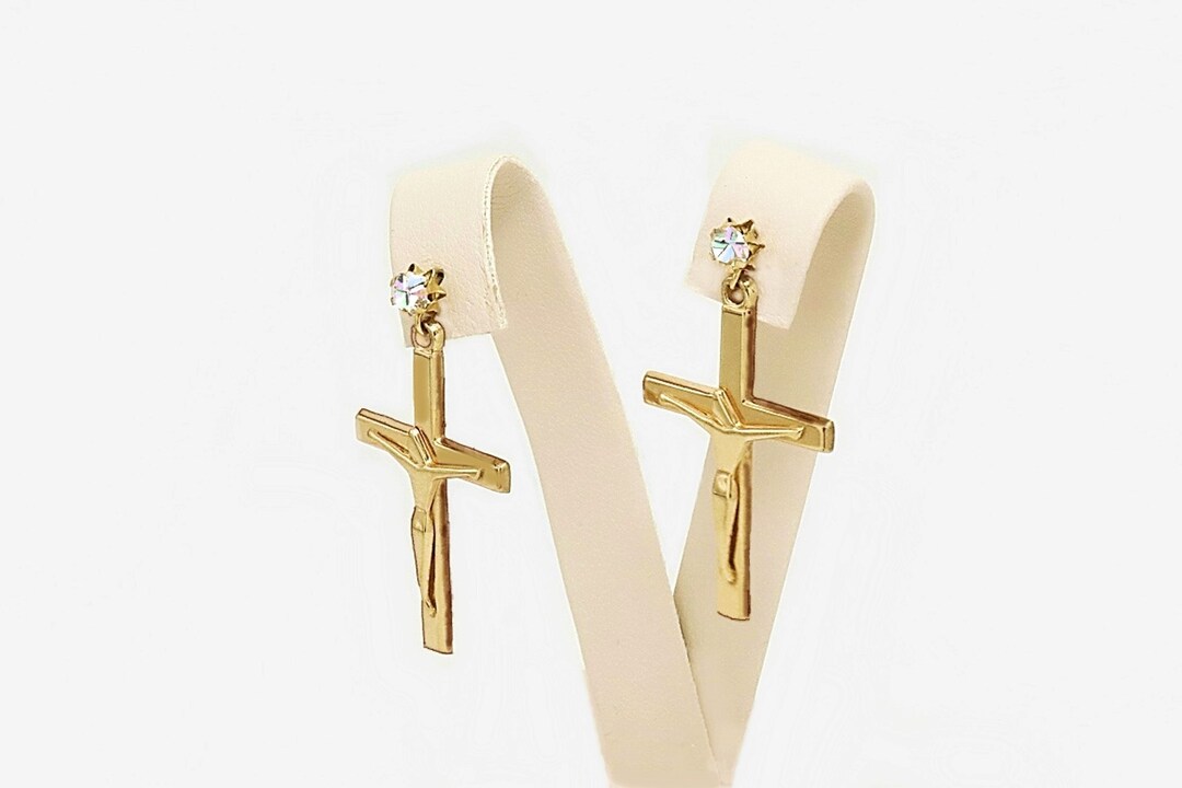 Religious Light Modern Christ Cross Stud Earrings Authentic 1/20 14K ...