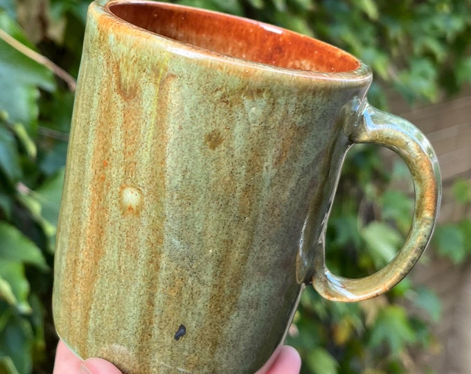 Round Handle Narrow Cylinder Mug, Green Glazed Handmade Ceramic Coffee ...