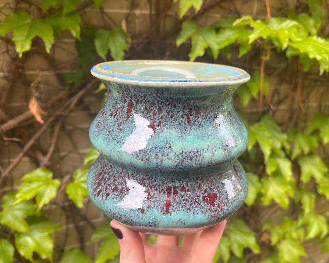 Handmade Light Blue Bubble Shaped Vase With Flared Rim, Blue Reactive ...
