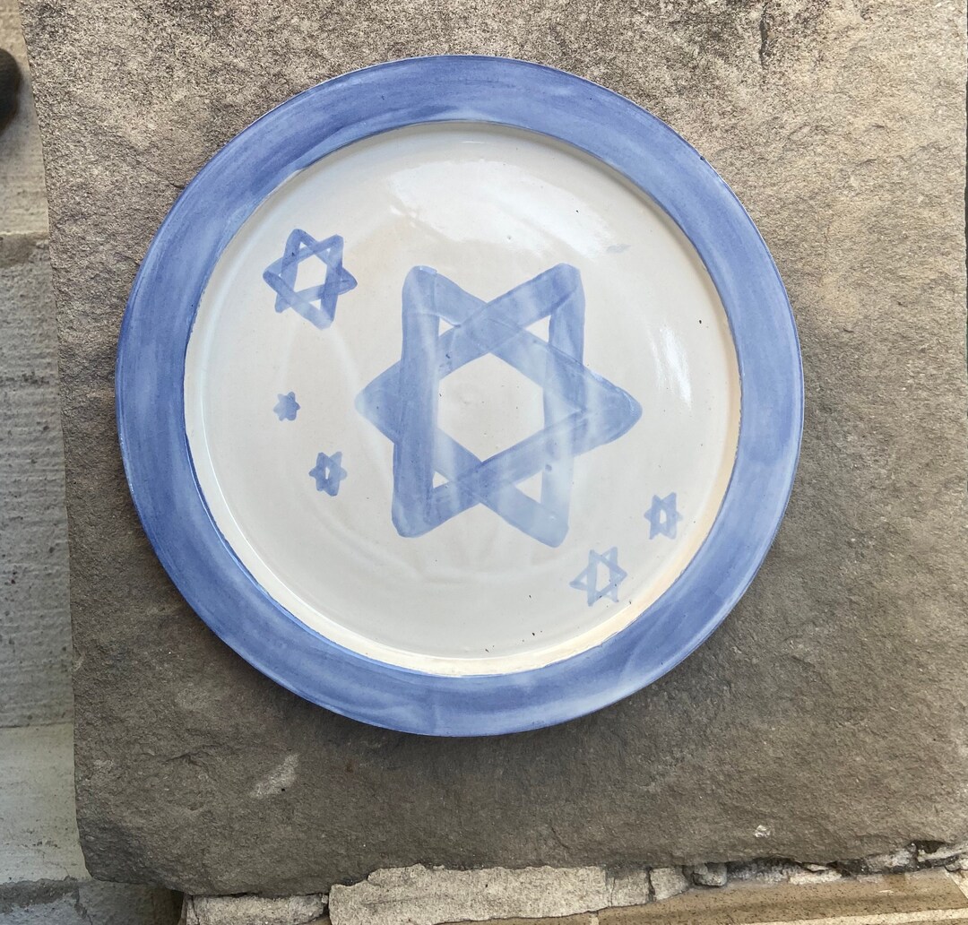 Handmade Hanukkah Star of David Pottery Plate, Blue and White Glazed ...