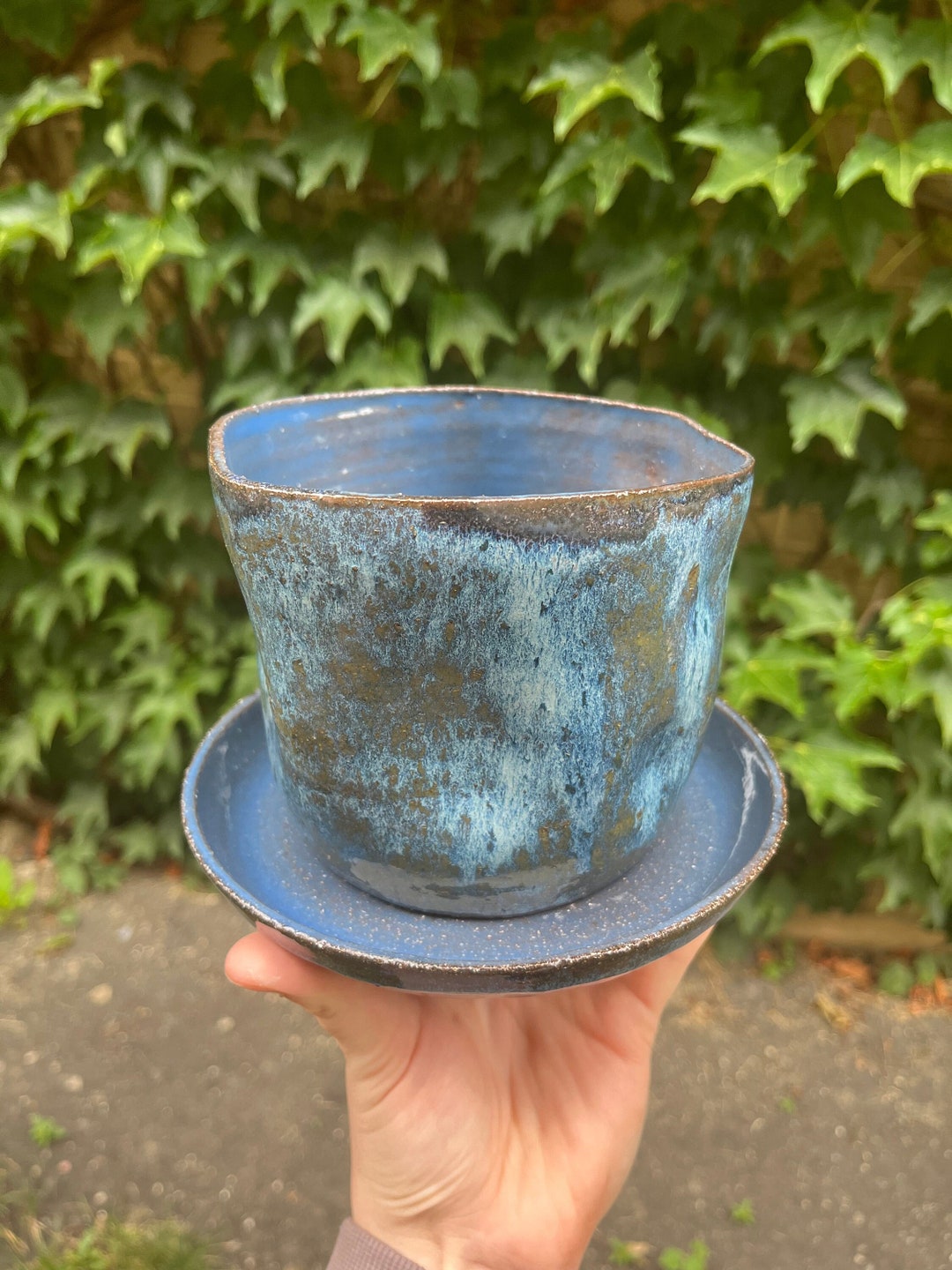 Handmade Blue Indoor Plant Flower Pot, Reactive Drippy Glaze Planter ...