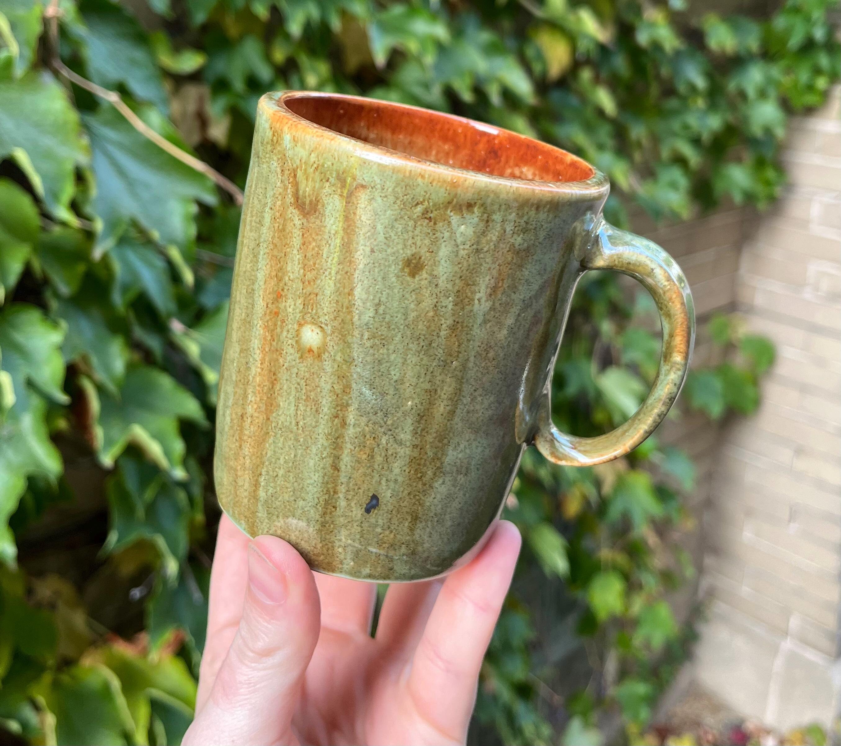 Round Handle Narrow Cylinder Mug, Green Glazed Handmade Ceramic Coffee ...