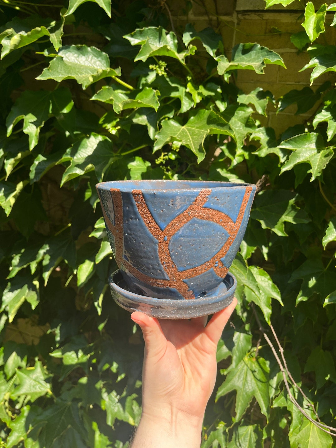 Light Blue Glazed Planter and Attached Drainage Plate and Raw Clay ...