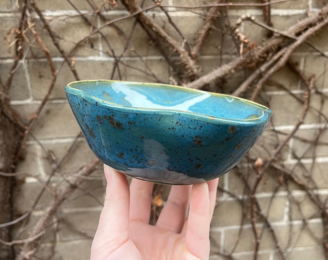 Flower Rim Blue Glazed Ceramic Bowl, Handmade Teal Speckled Altered Rim ...