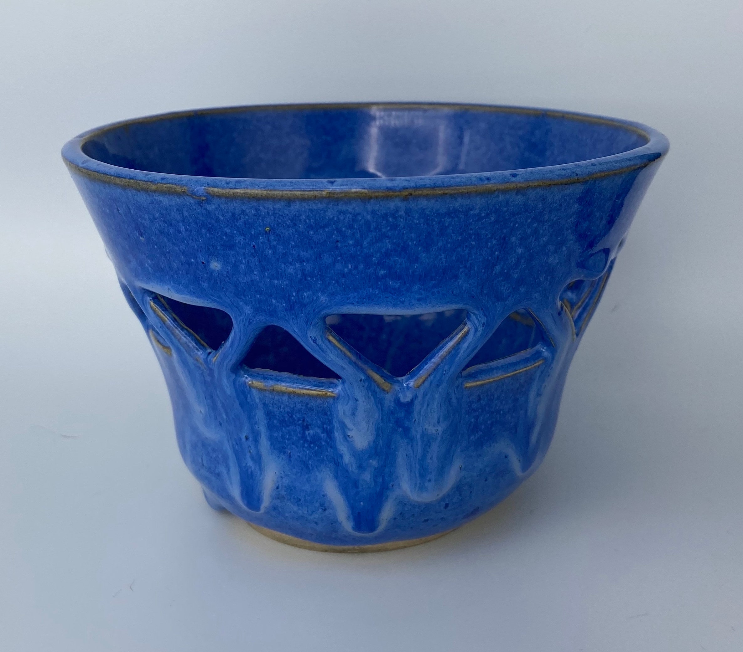 Handmade Blue Triangle Cut Out Vase, Stoneware Clay Drippy Blue Glazed ...