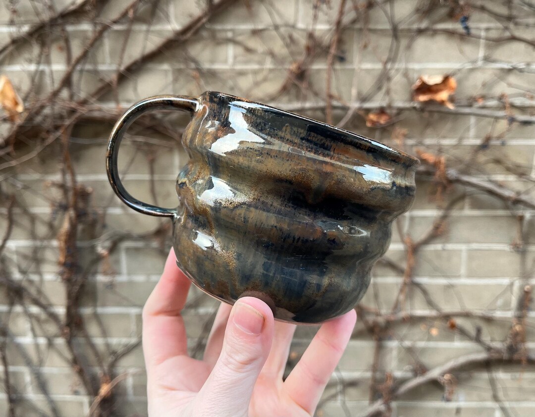 Brown Reactive Glazed Ceramic Coffee Cup, Handmade Ridged Pottery Mug ...