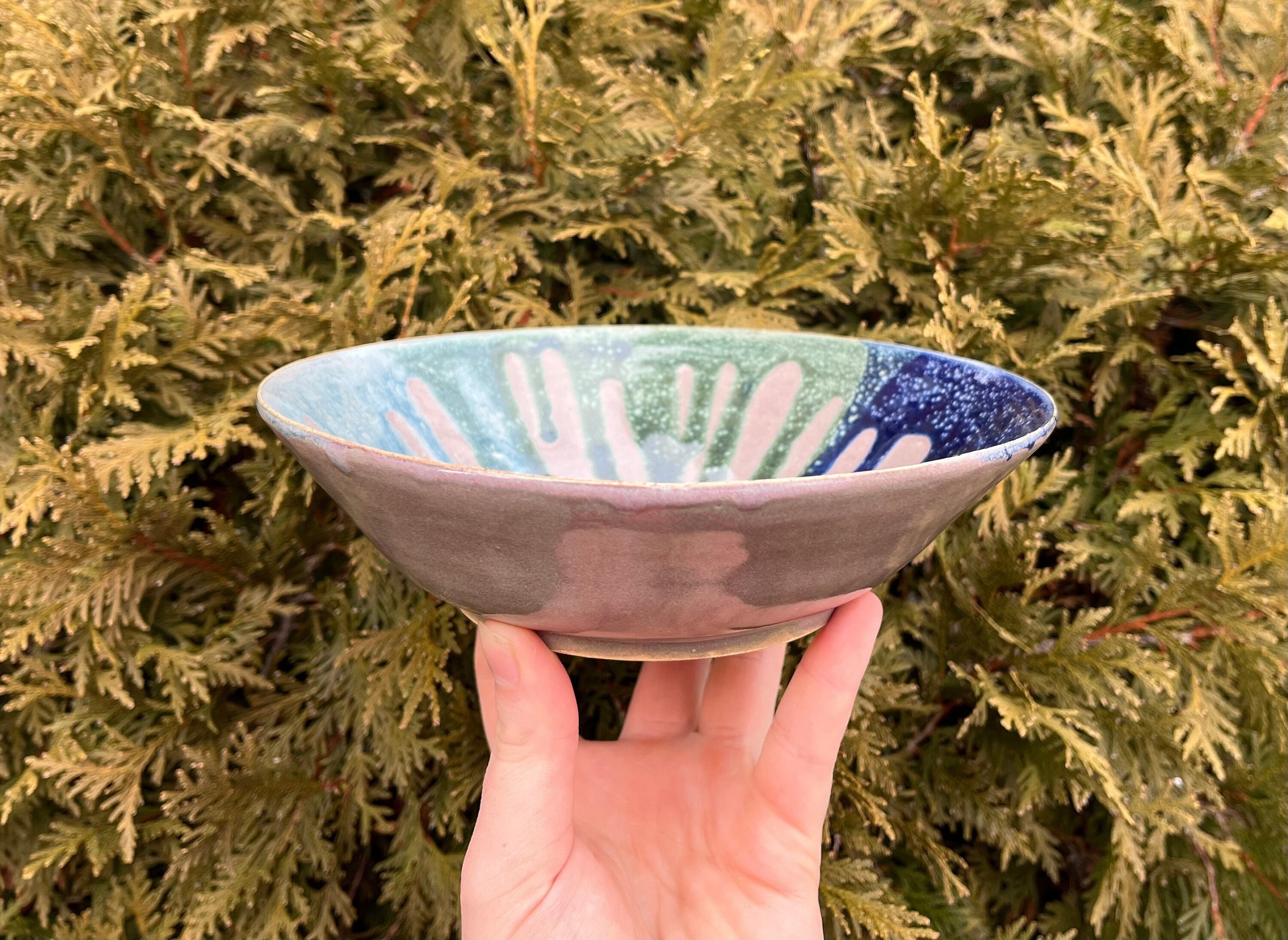 Wide Rim Blue and Green Drippy Glaze Ceramic Bowl, Functional Handmade ...