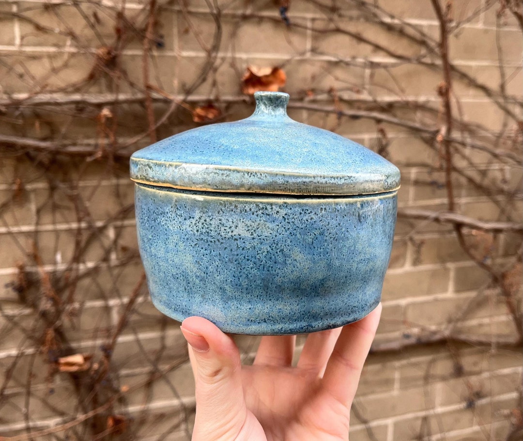 Handmade Reactive Glaze Blue Ceramic Jar, Silver Glazed Closed Form Jar ...