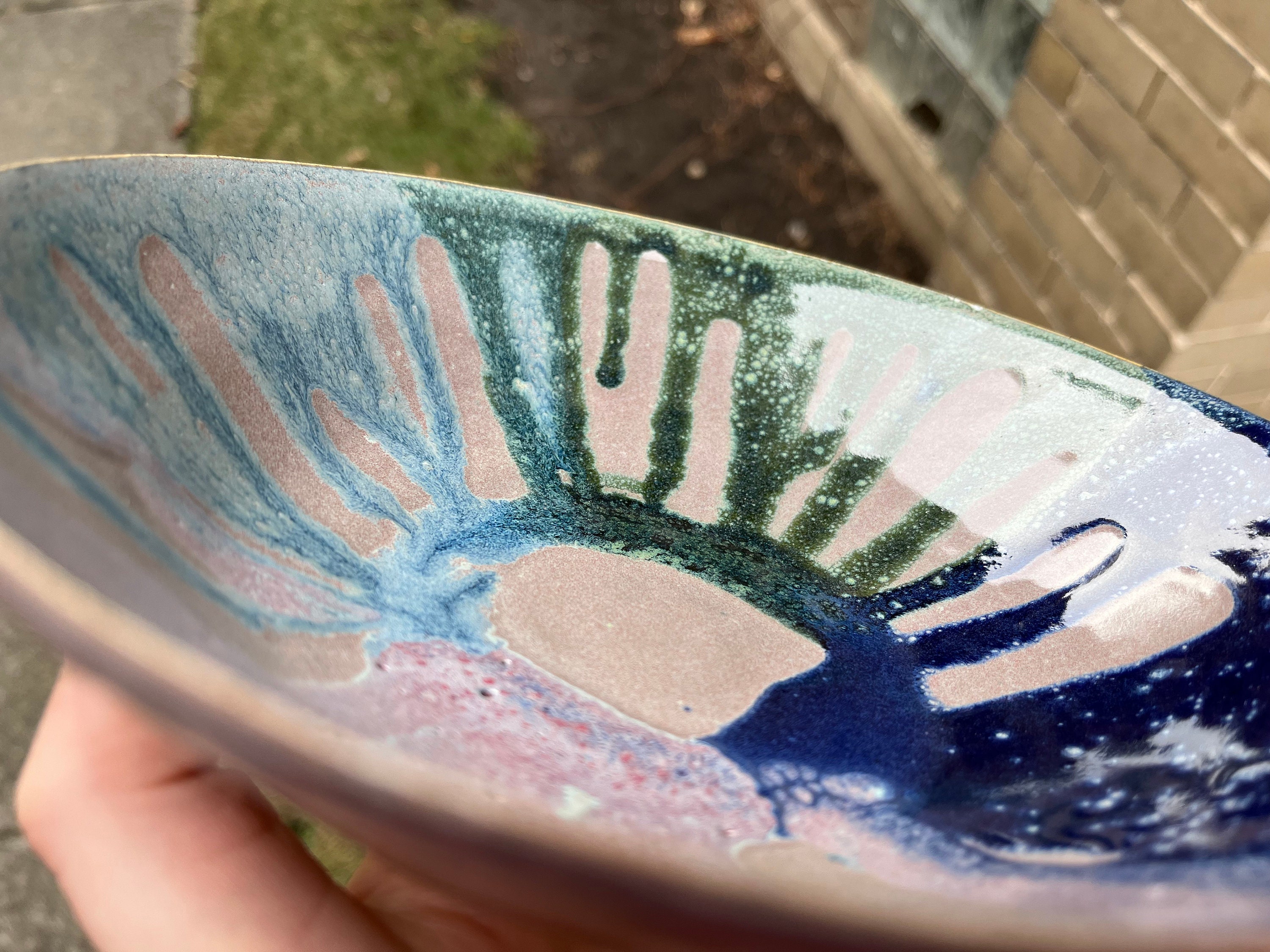 Wide Rim Blue and Green Drippy Glaze Ceramic Bowl, Functional Handmade ...