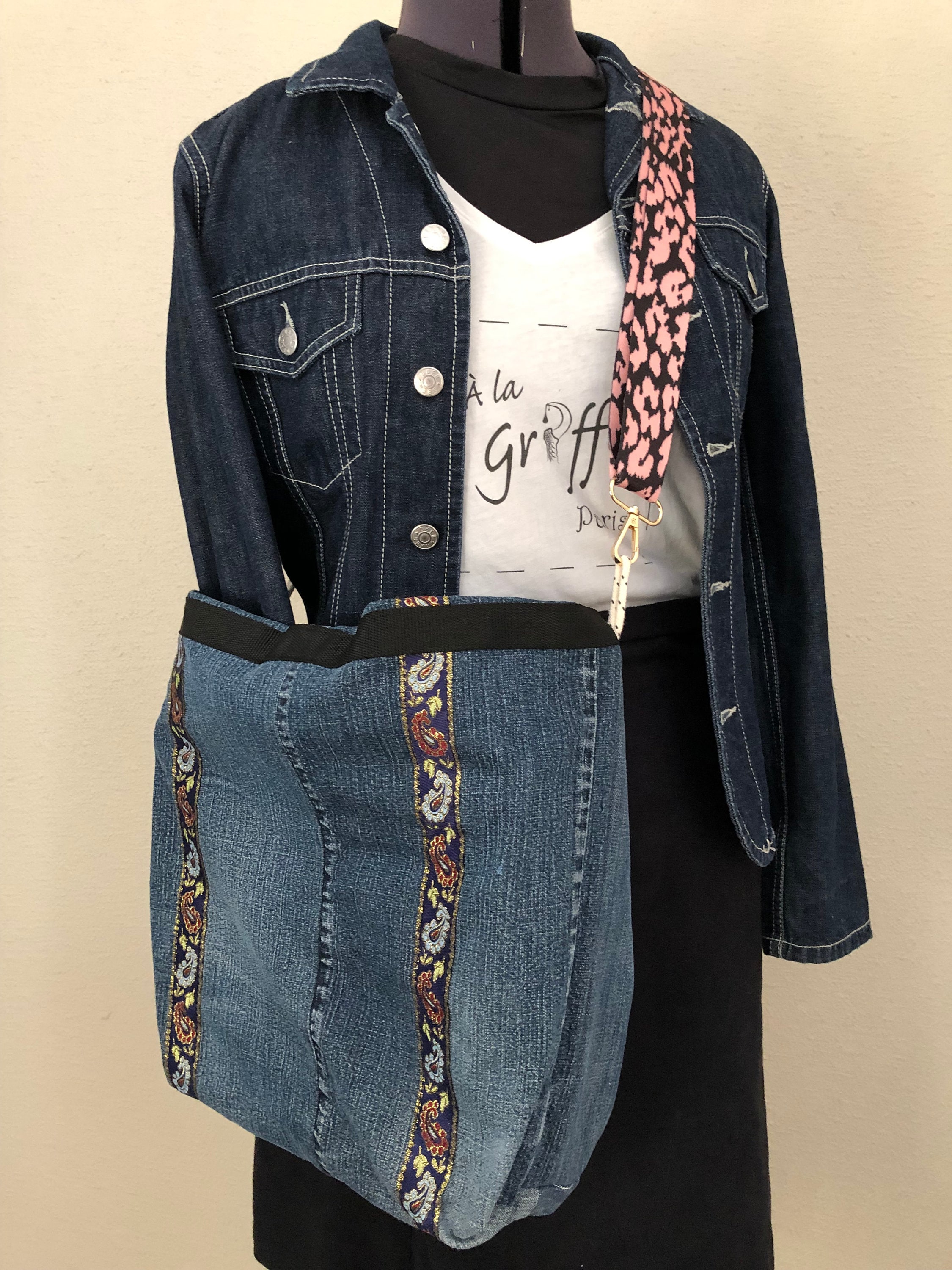 Upcycled Blue Denim Bag With Adjustable Shoulder Strap and Lady Skull ...