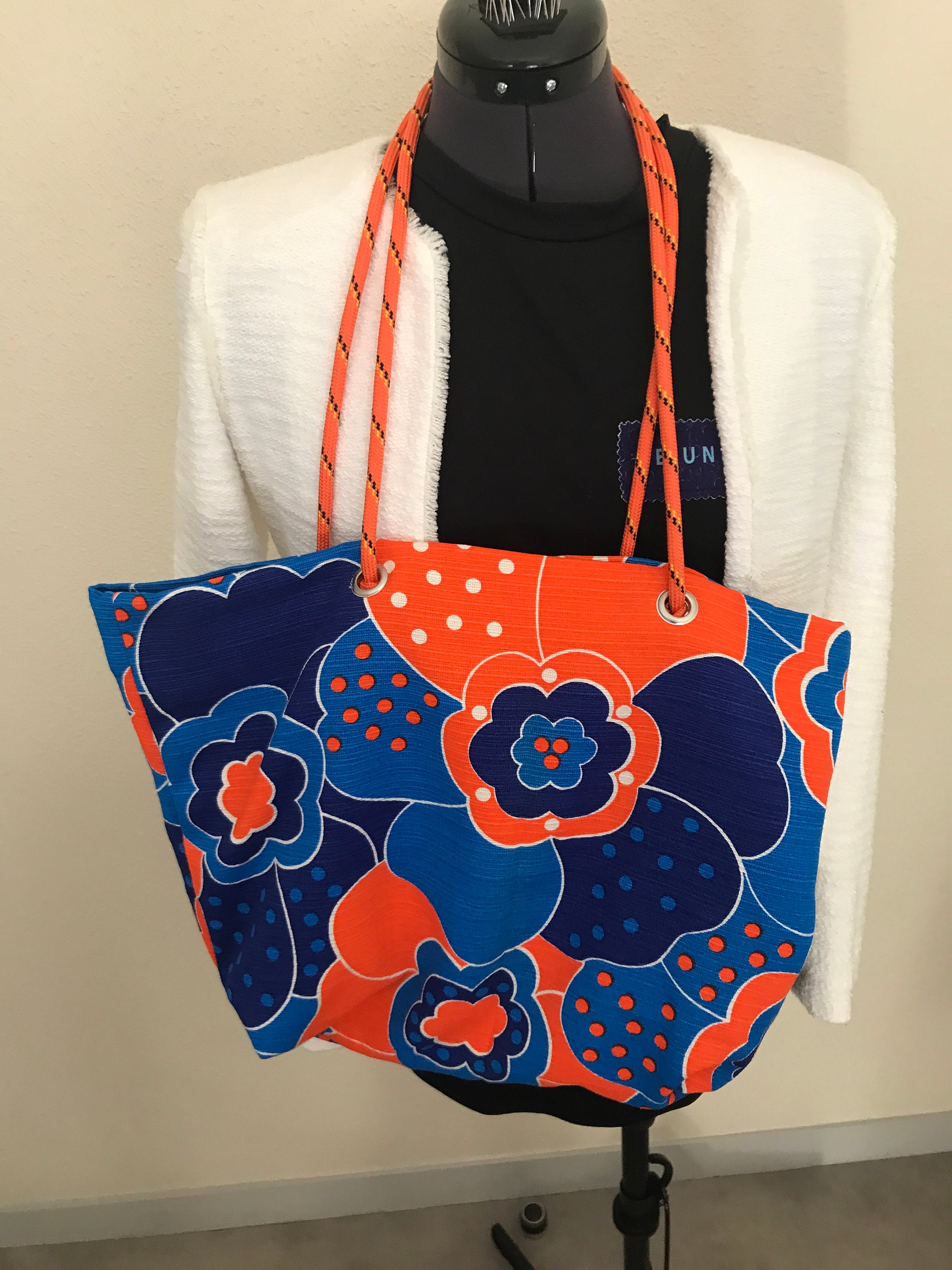 Rope and Eyelet Tote Bag, With Large Orange and Blue Flower Pattern ...
