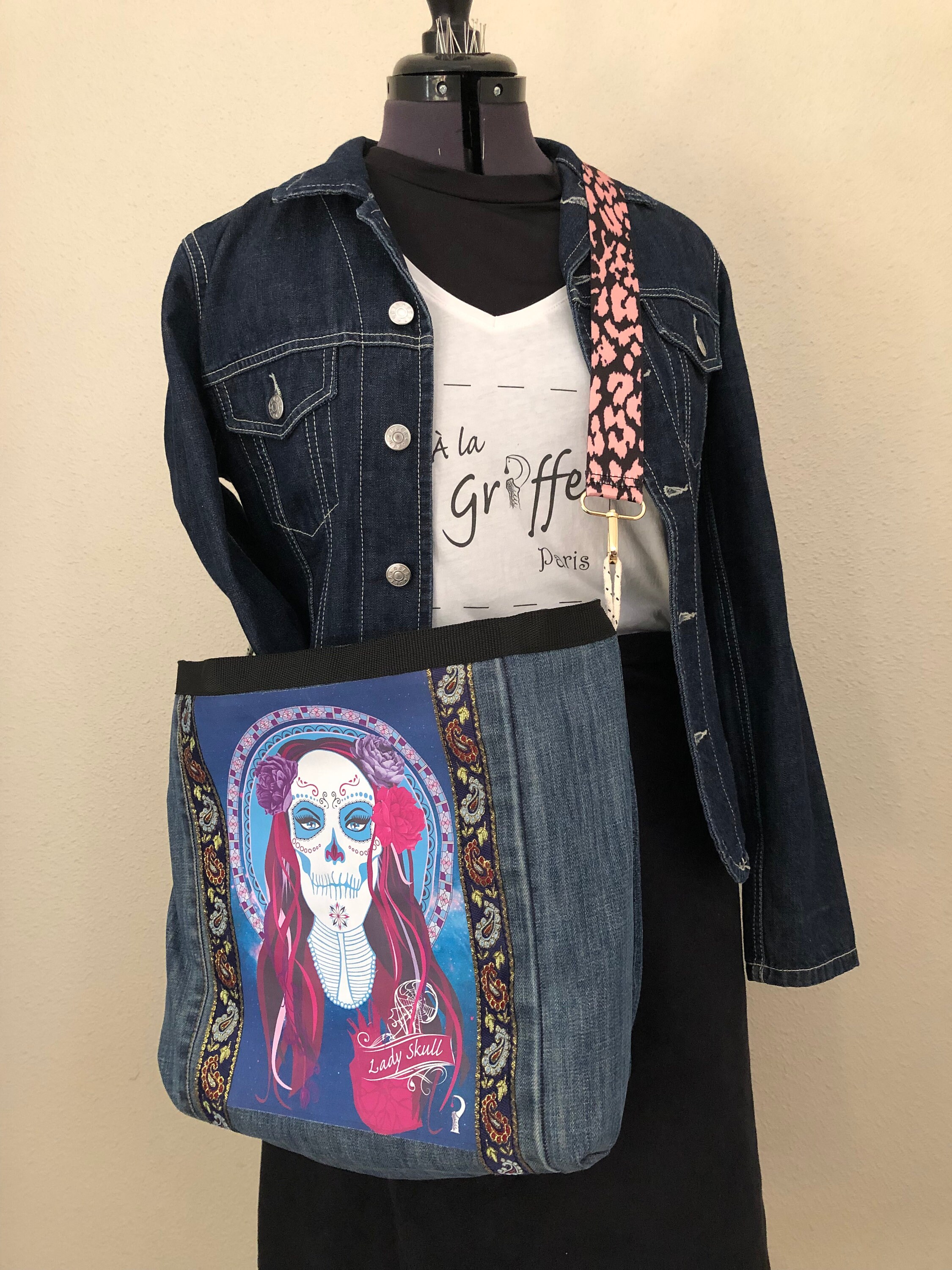 Upcycled Blue Denim Bag With Adjustable Shoulder Strap and Lady Skull ...