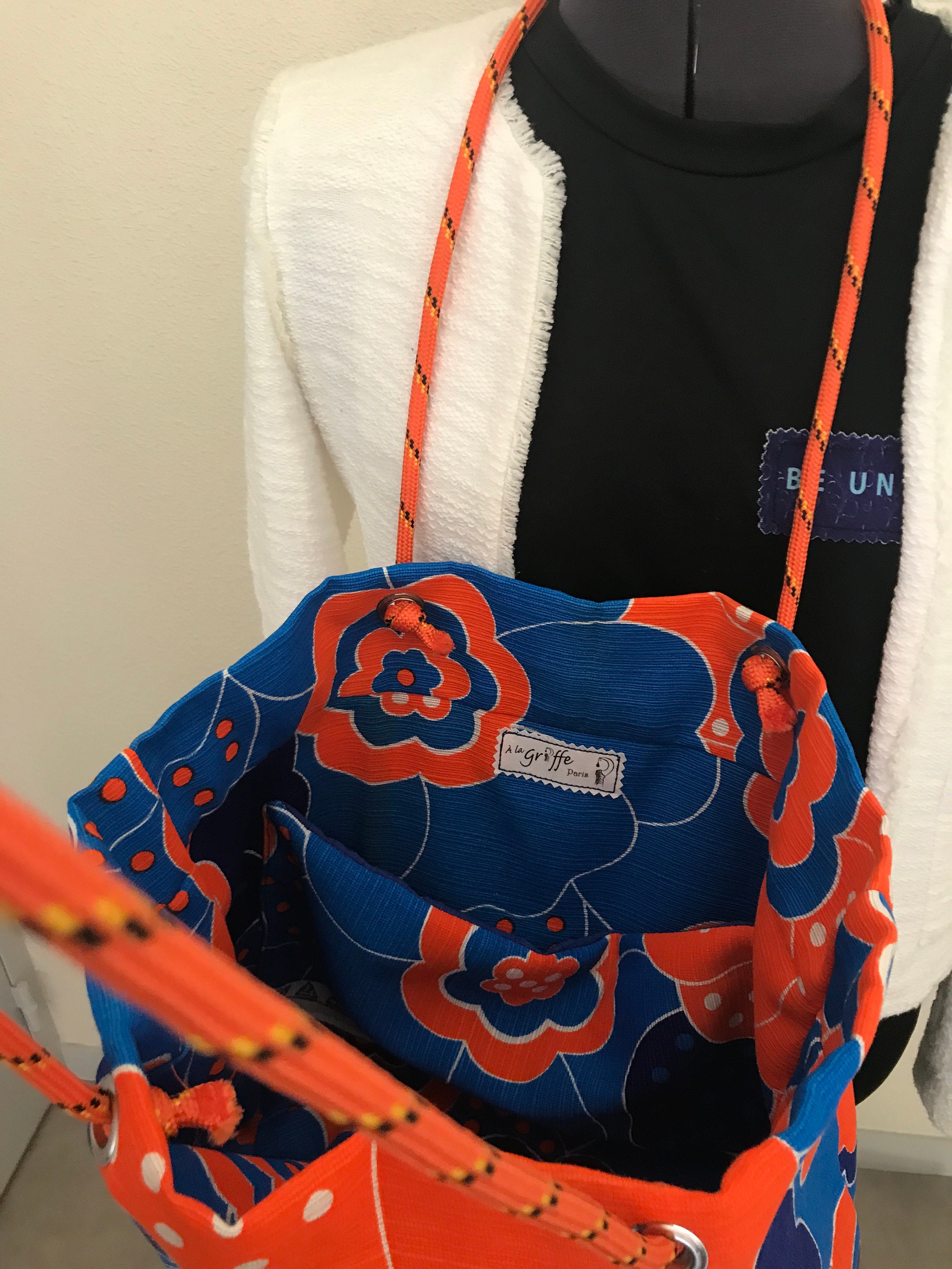 Rope and Eyelet Tote Bag, With Large Orange and Blue Flower Pattern ...