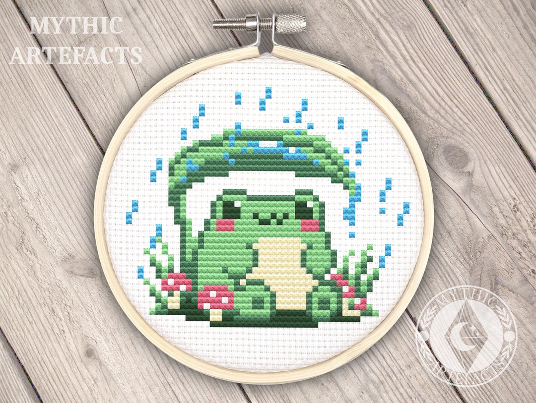 Cute Rainy Leaf Frog Cross Stitch PDF Pattern Simple, Beginner Friendly Embroidery Pattern of a ...