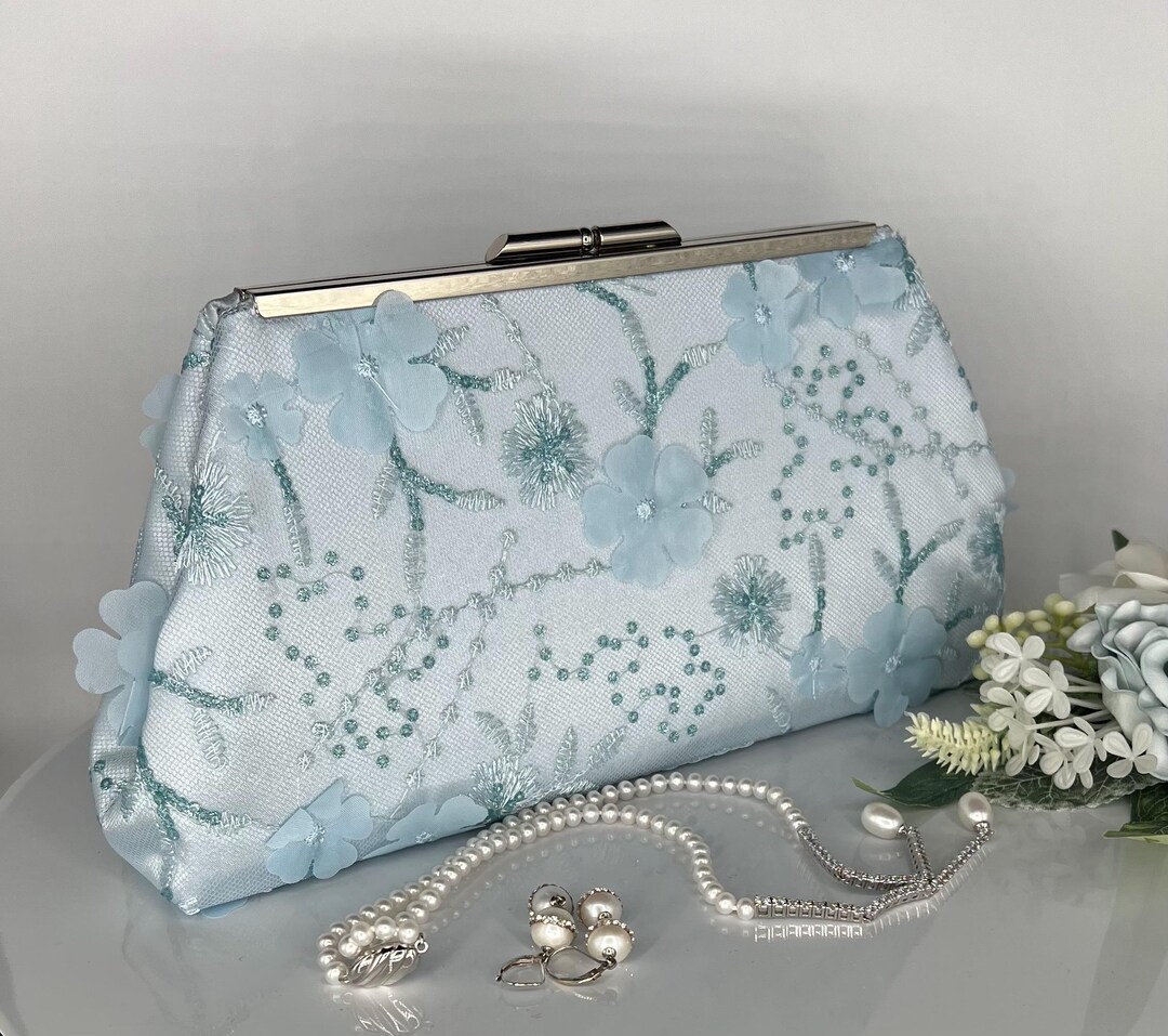 Powder Blue Wedding Clutch: 3D Floral Embroidered Sequin Lace on Satin ...