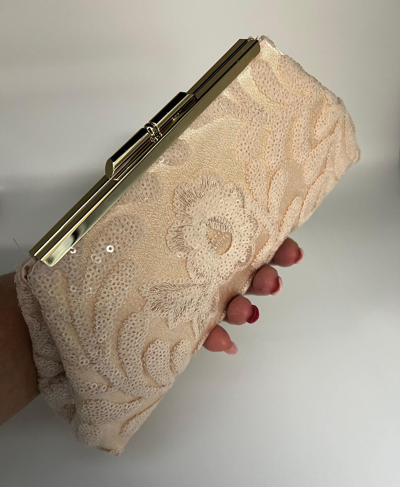 Beige Sequin Lace Clutch: Mother of the Bride Evening Bag - Gold Frame ...