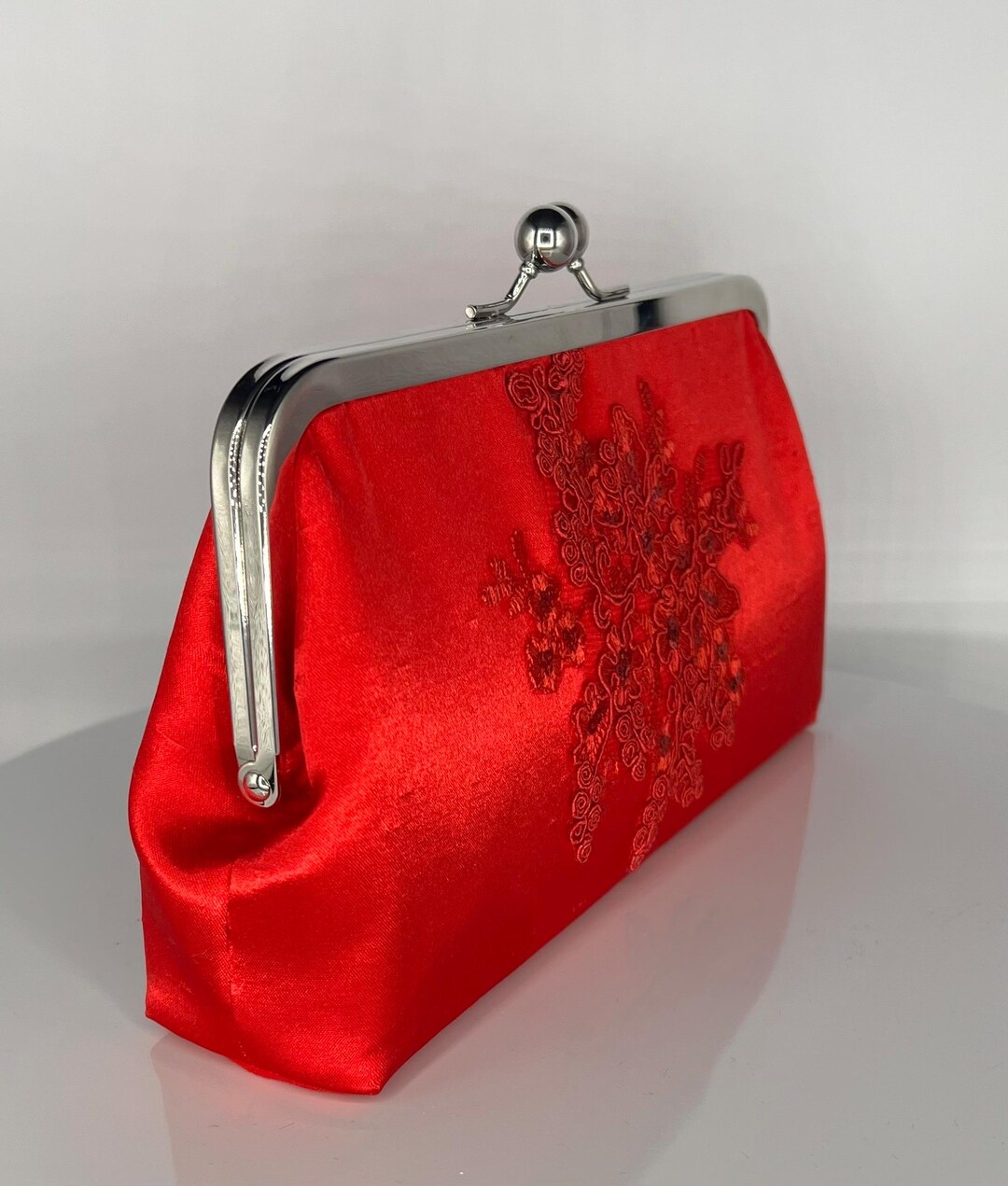 Red Silver Satin Evening Clutch: Sequined Embroidered Corded Lace ...