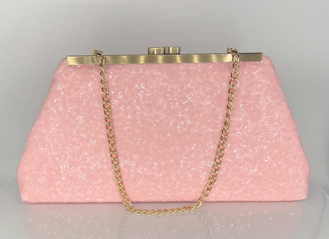 Pink Sequin Clutch: Mother of Bride Evening Bag, Antique Gold Frame - Etsy