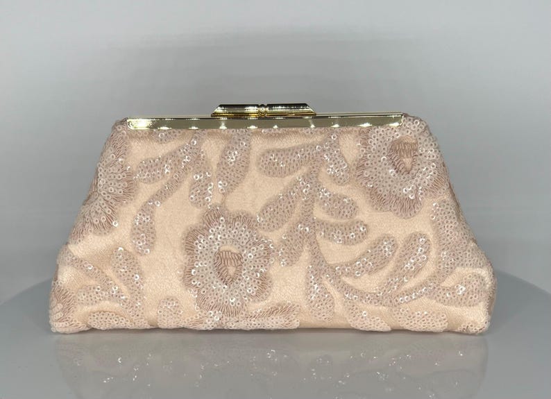 Beige Sequin Lace Clutch: Mother of the Bride Evening Bag - Gold Frame ...