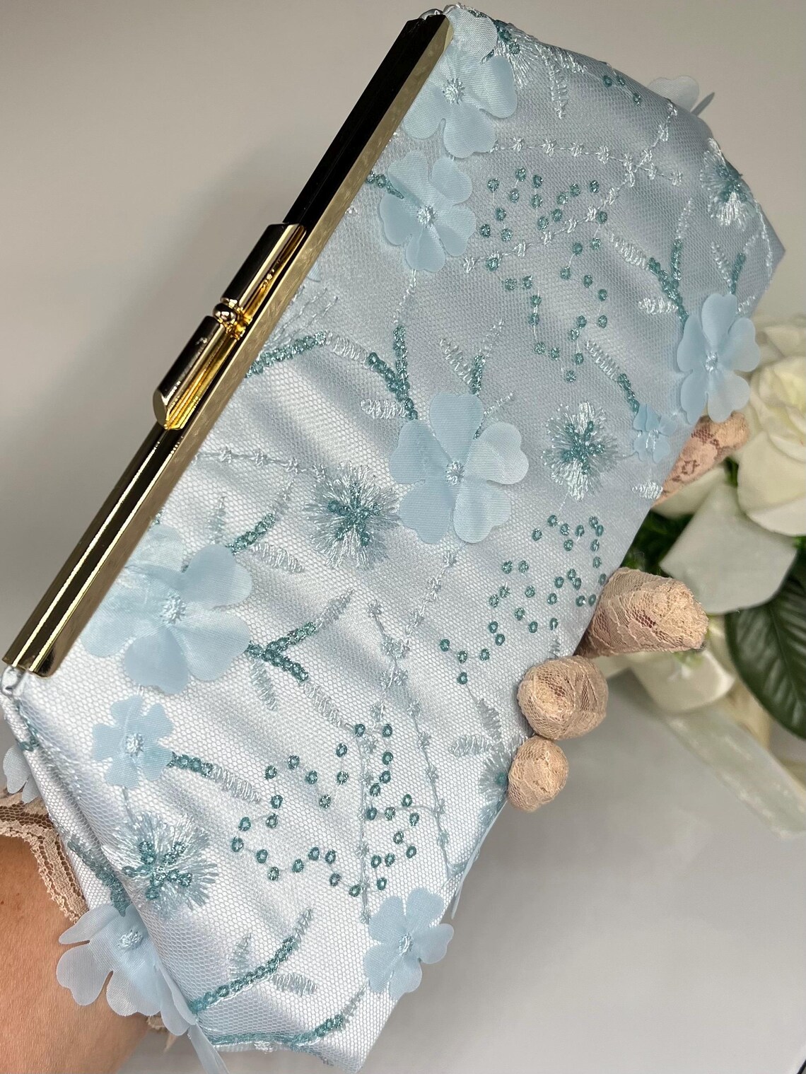 Powder Blue Wedding Clutch: 3D Floral Embroidered Sequin Lace on Satin ...