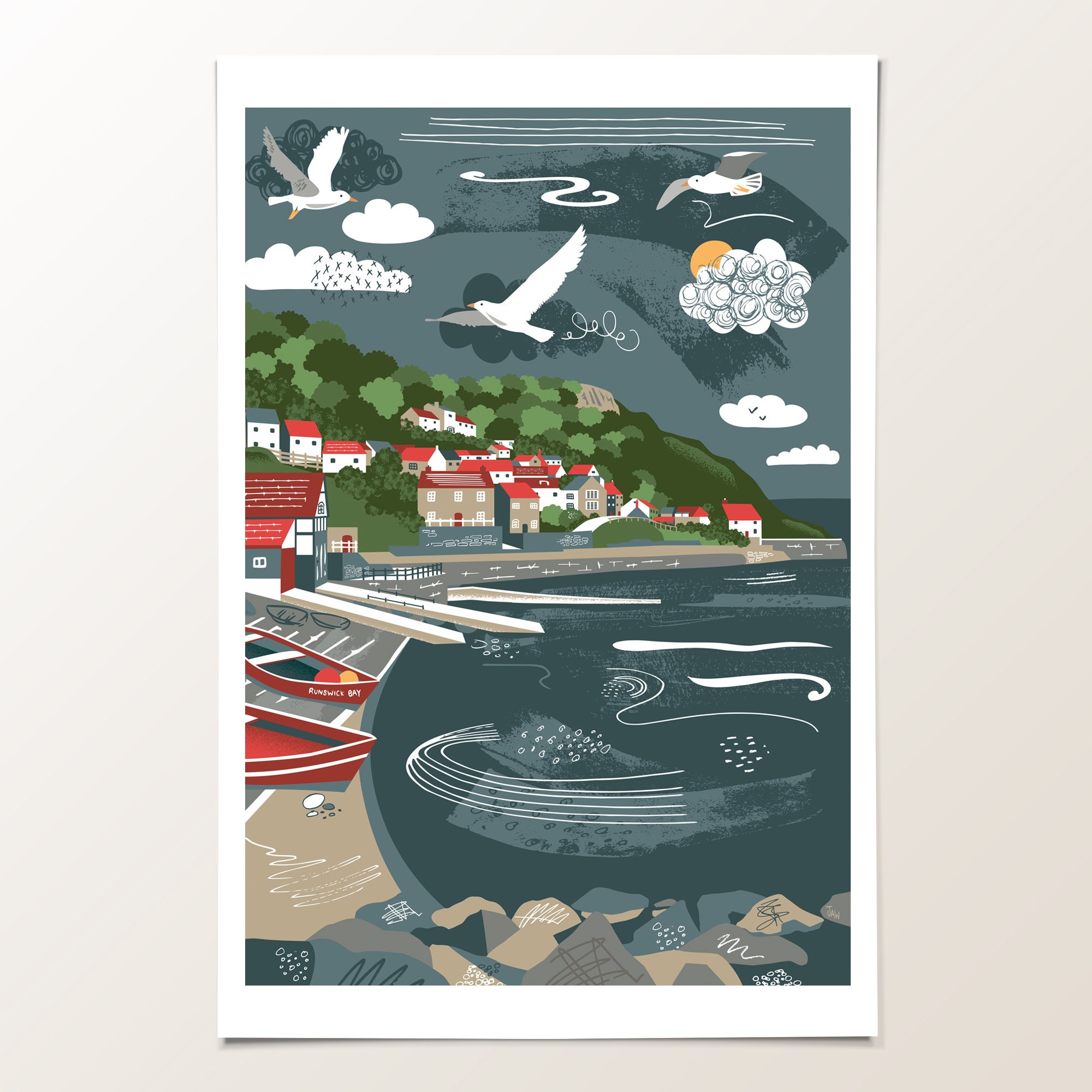 Original Art Print of Runswick Bay - A4 or A3 Printed on Quality 250gsm ...