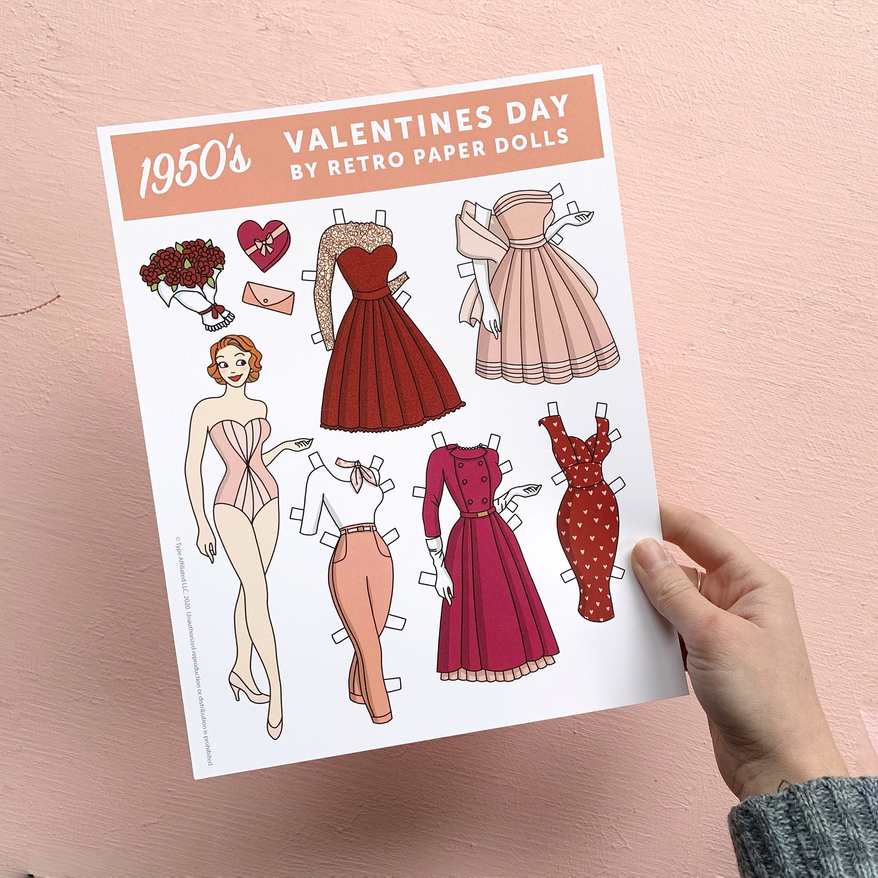 1950's Retro Style Valentine's Paper Doll Set- 1 Doll, 5 Outfits and ...
