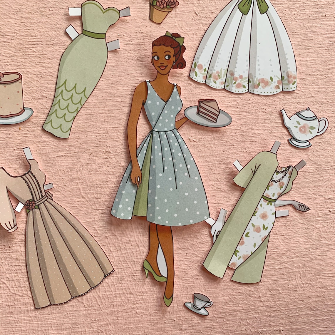 1950's Retro Style Garden Tea Party Paper Doll Set- 1 Doll, 5 Outfits ...