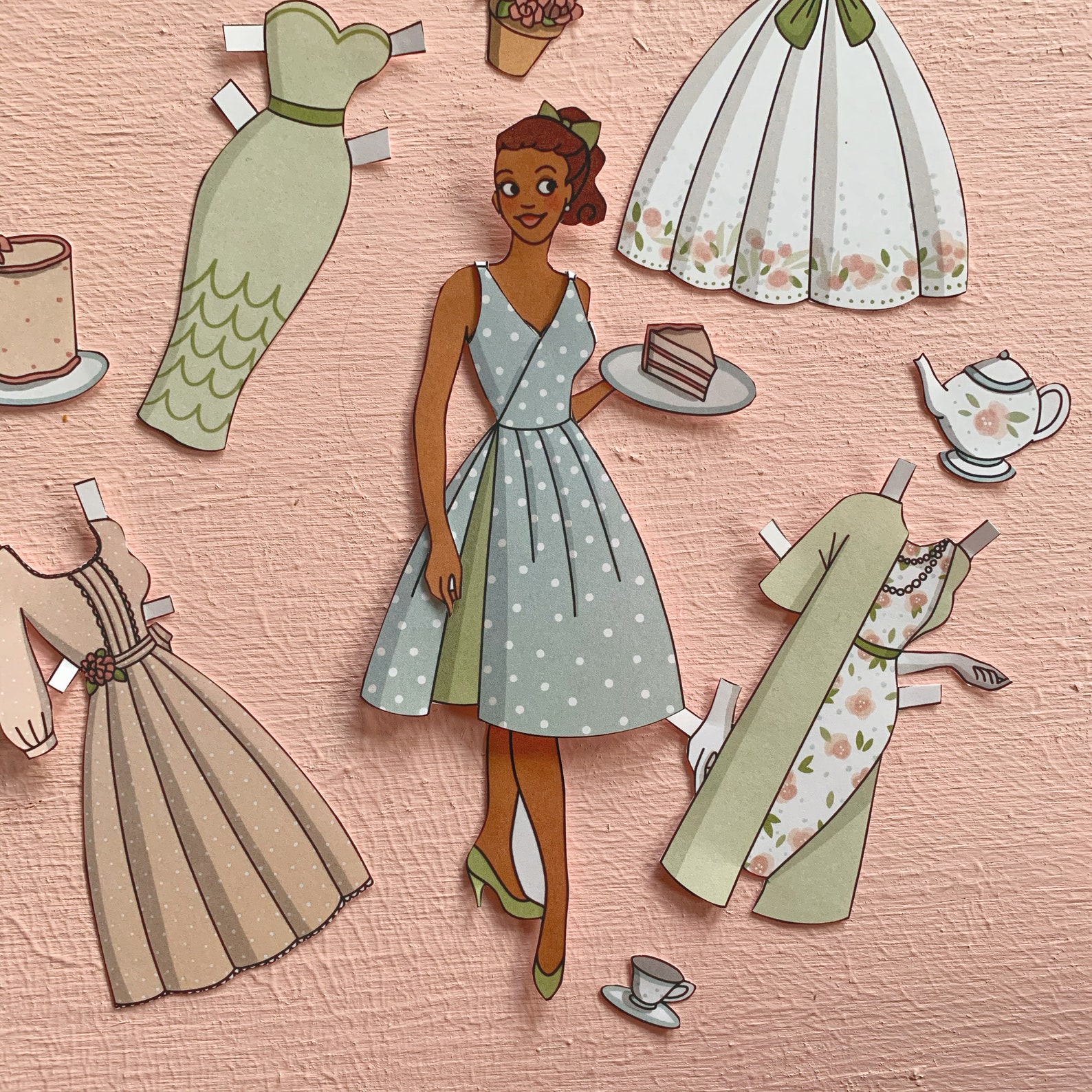1950's Retro Style Garden Tea Party Paper Doll Set- 1 Doll, 5 Outfits ...