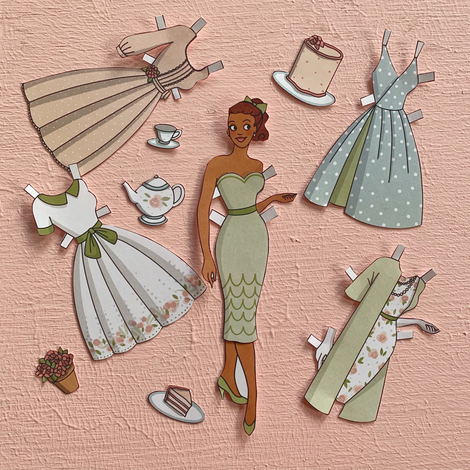 1950's Retro Style Garden Tea Party Paper Doll Set- 1 Doll, 5 Outfits ...