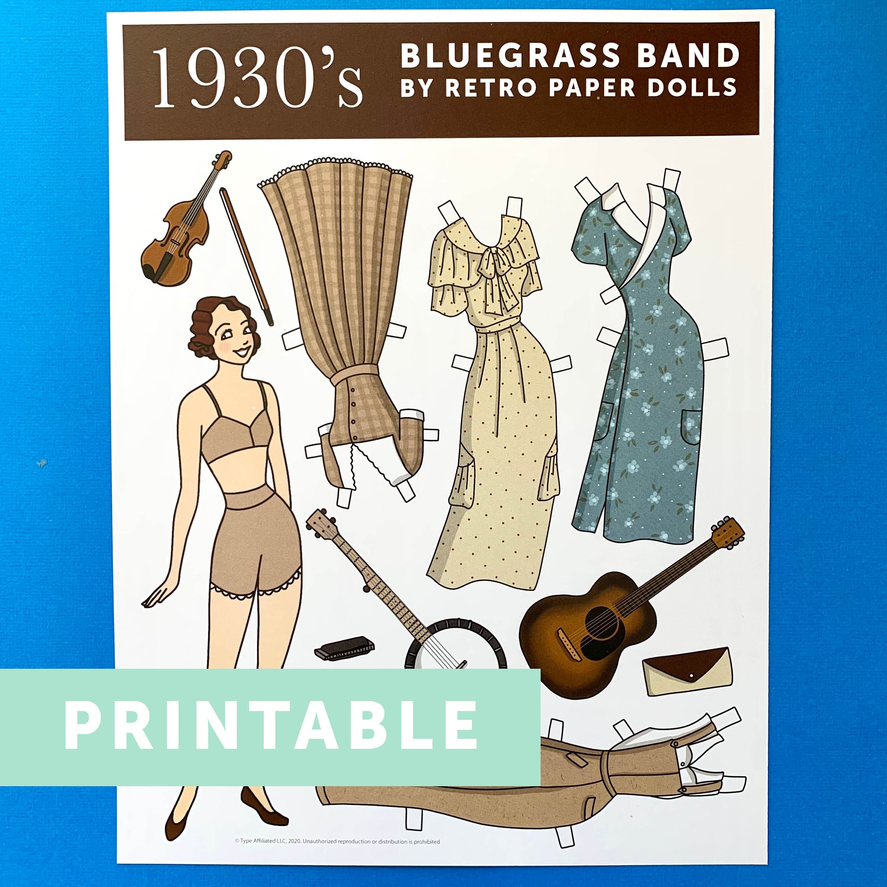 DIGITAL- 1930's Bluegrass Retro Style Paper Doll Printable- 1 Sheet, 4 ...