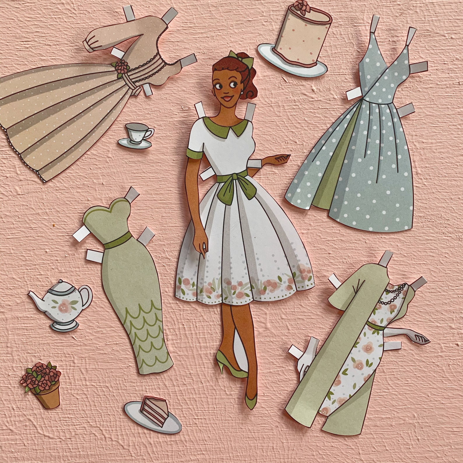 1950's Retro Style Garden Tea Party Paper Doll Set- 1 Doll, 5 Outfits ...