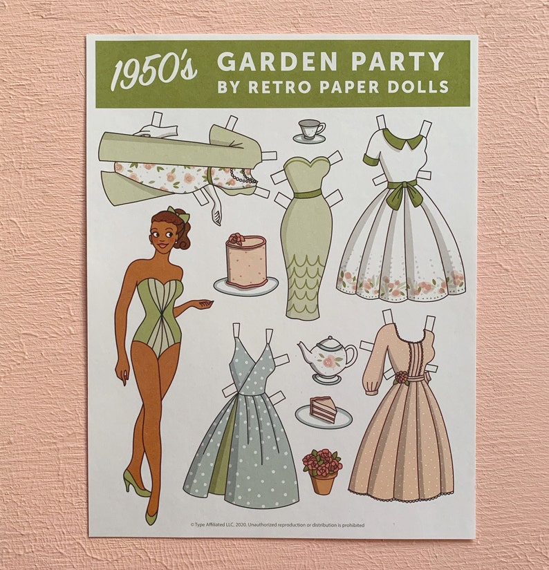 1950's Retro Style Garden Tea Party Paper Doll Set- 1 Doll, 5 Outfits ...